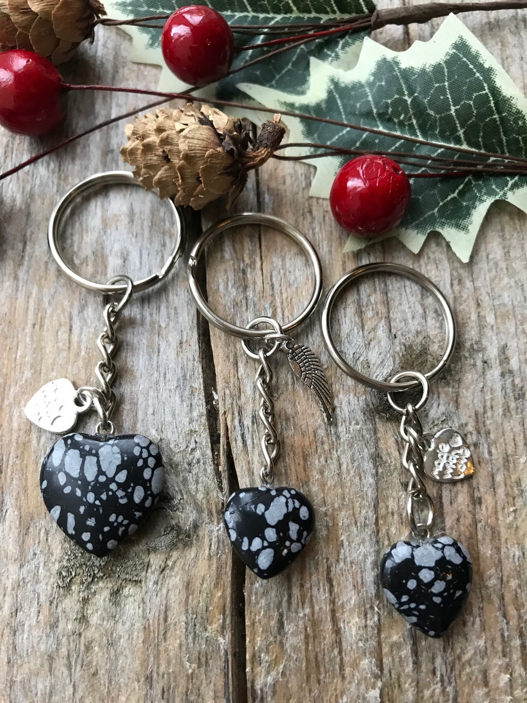 Snowflake Obsidien Crystal Heart Key Ring Key Chain Bag Charm - Etsy