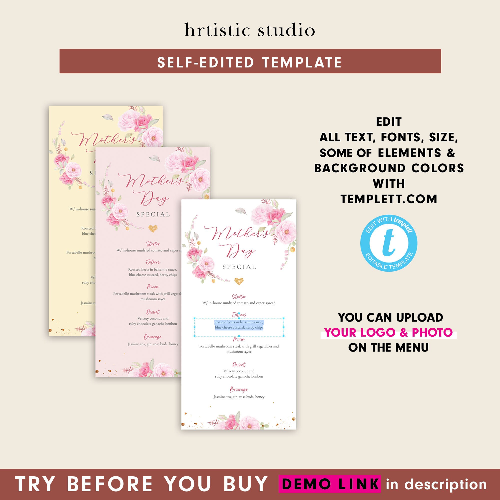 Self-edited Food Menu Template Dinner Lunch Menu Card | Etsy