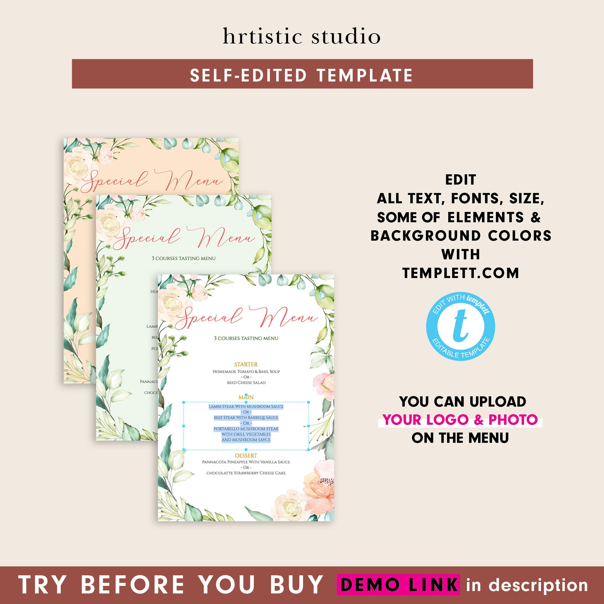 Self-edited Food Menu Template Dinner Lunch Menu Card - Etsy