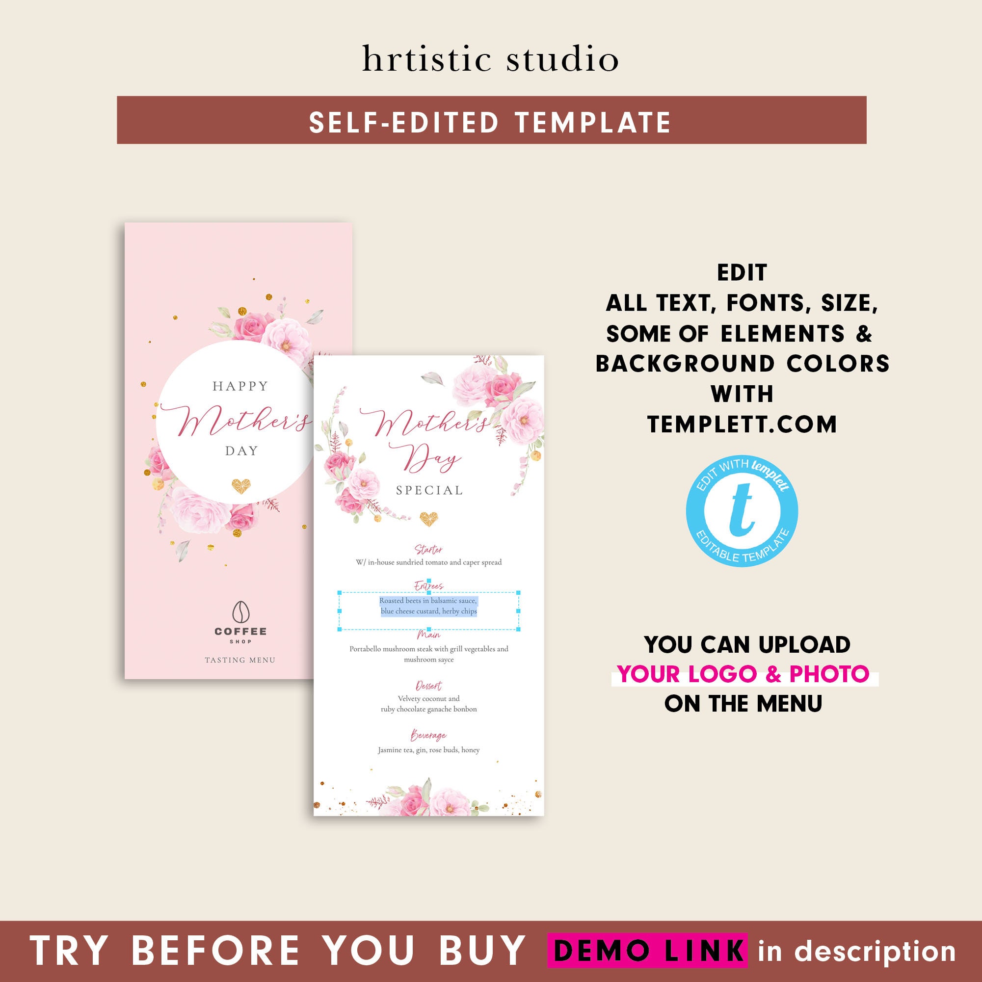 Self-edited Food Menu Template Dinner Lunch Menu Card | Etsy