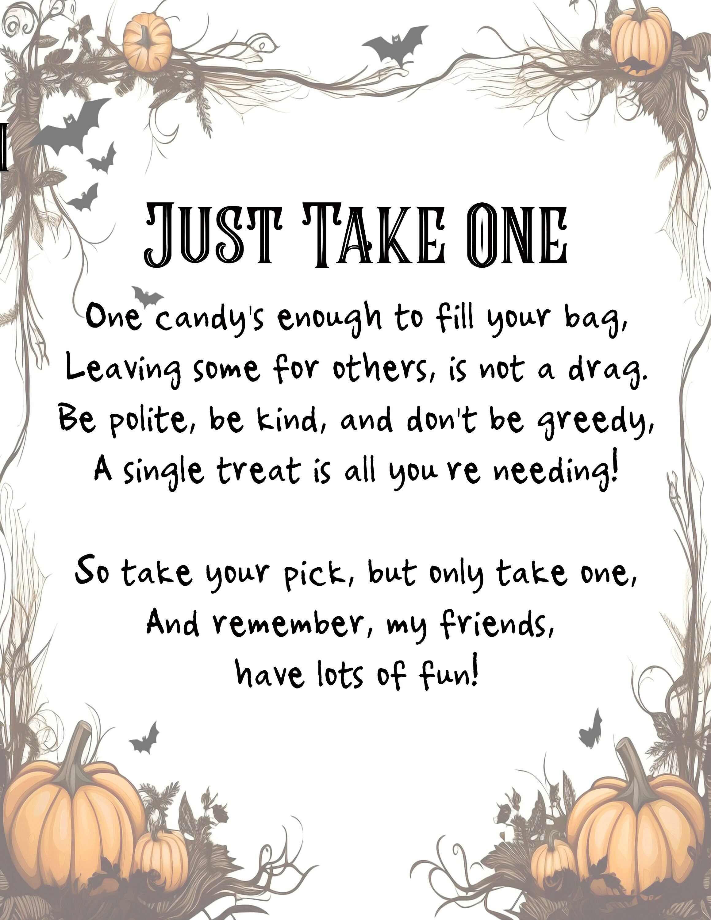 Halloween Candy Sign - Just Take One - Printable - Fun Poem Sign for ...