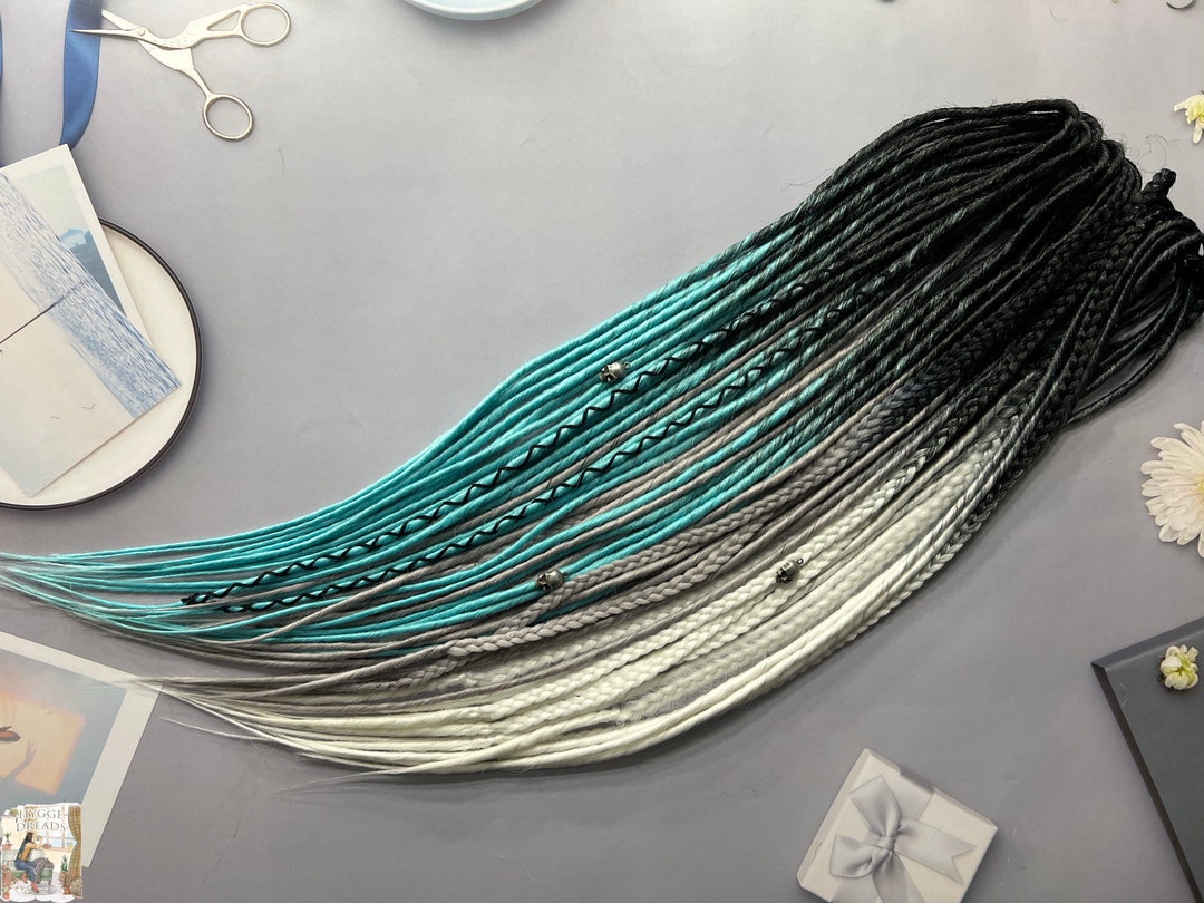 Thin Twisted Synthetic Dreads + Fishtail Braids Ombre Black and Blue ...