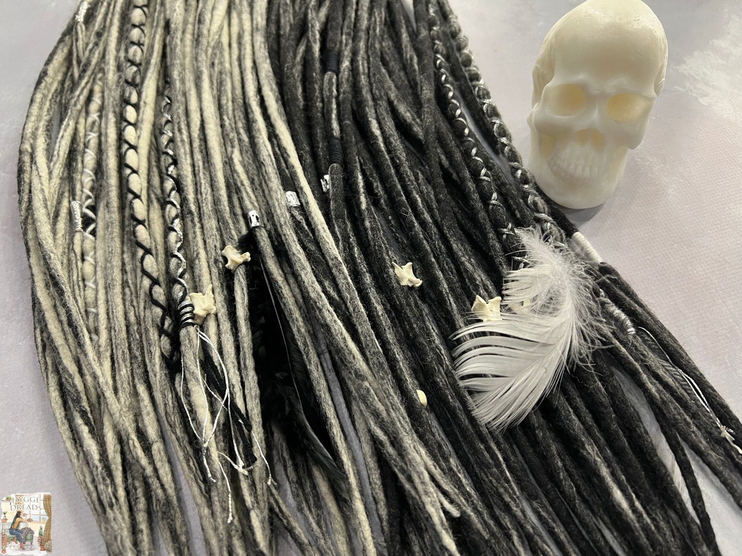 Dreadlocks Wool Blend, Marble, Black + White + Gray Bandage Silver Thread Beads, Boho Bones ...