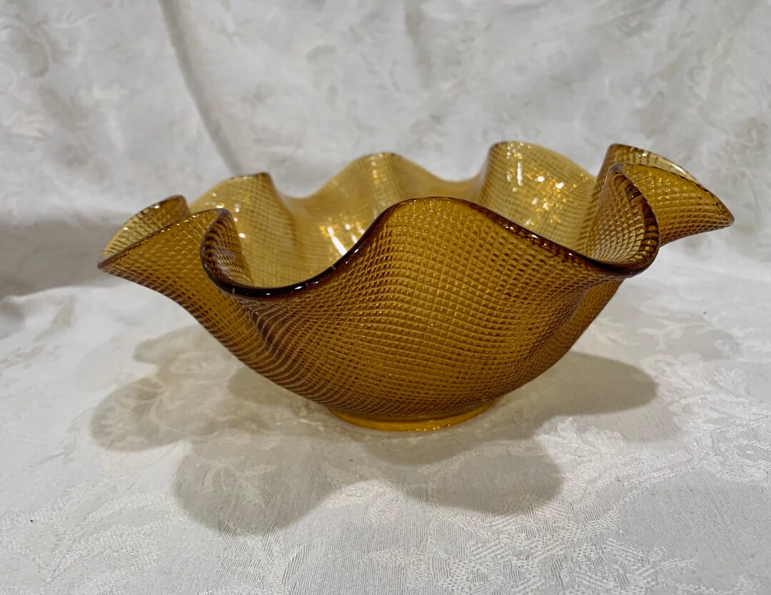 Mid-century Colony Bronze, Waffle Pattern, Ruffled Glass Bowl - Etsy