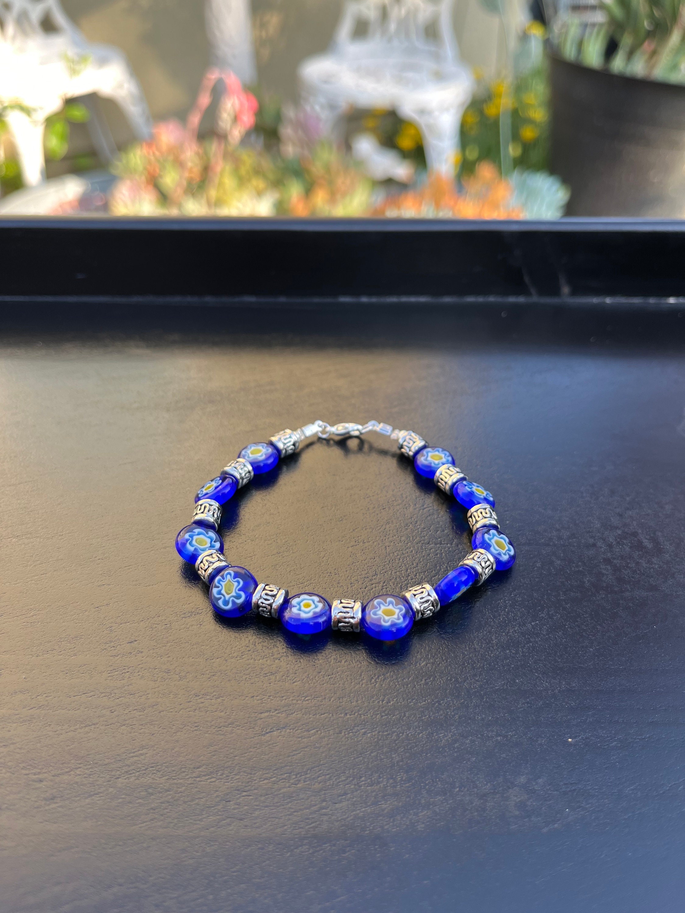 Blue Flower Beaded Bracelet - Etsy