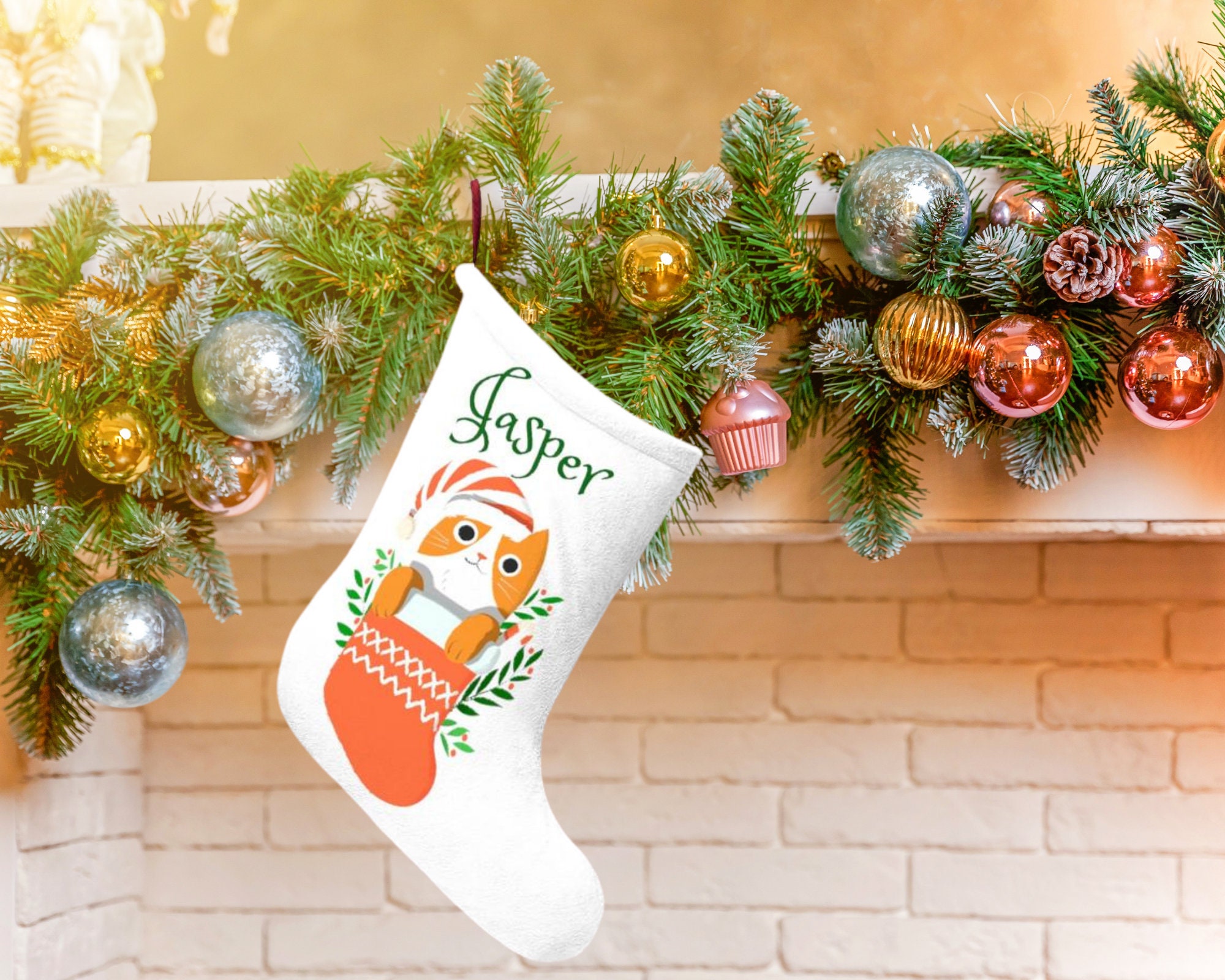 Personalized Cat Christmas Stocking, Jolly Orange Cat Wearing Stocking ...