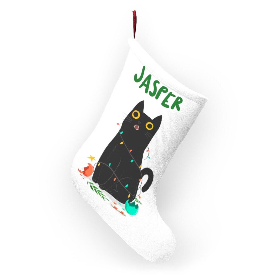Personalized Cat Christmas Stocking - Quirky Black Cat Wrapped in ...