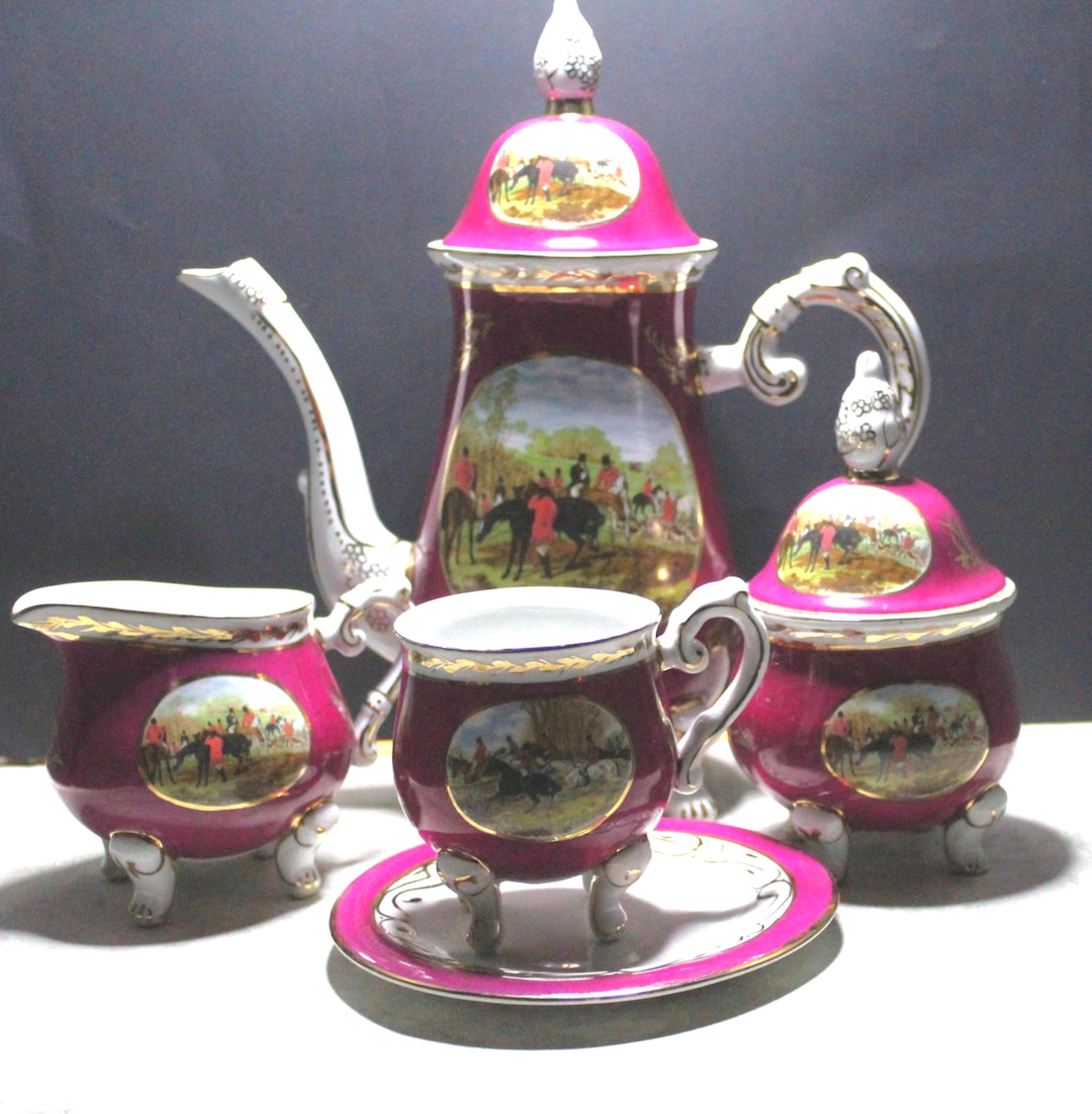 Limoges Porcelain Tea Set – Rose Glaze, Gold Accents, Hunting Scenes - Etsy