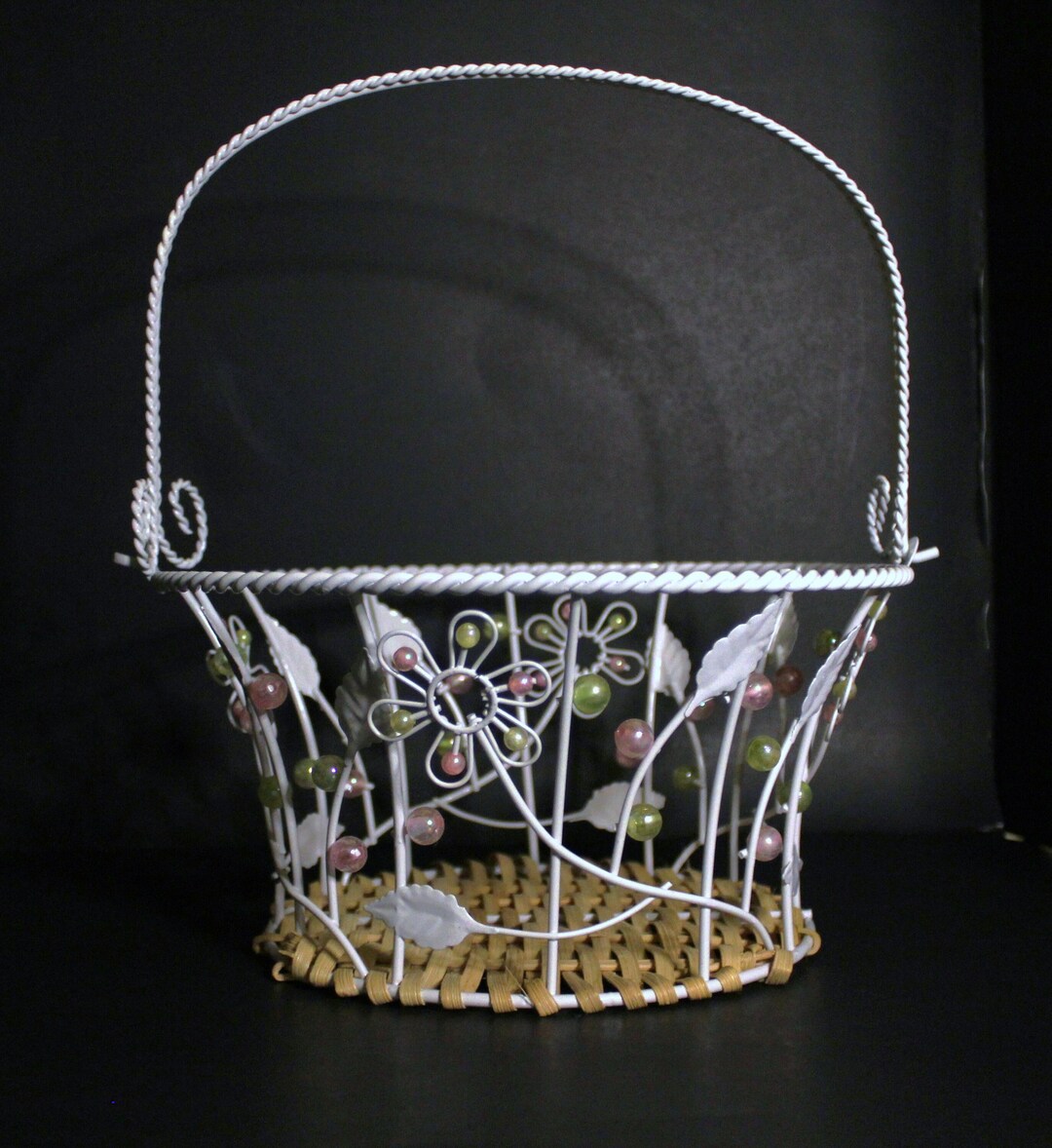 Decorative Metal Wire and Beaded Baskets With Woven Wood Base, (set of ...