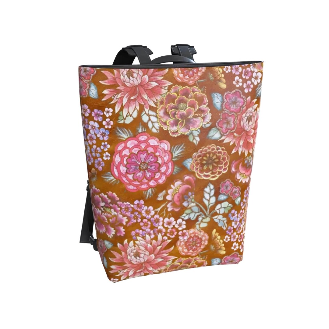 Japanese Floral Vegan Leather Backpack, Watercolor Flower Print Bag ...