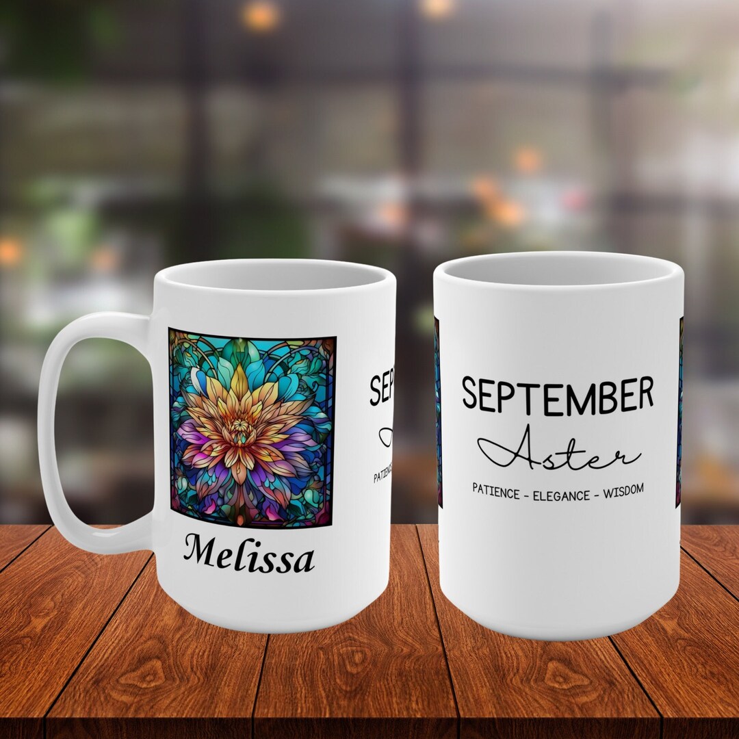 September Birth Flower Personalized Mug, Custom Name Stained Glass Art ...