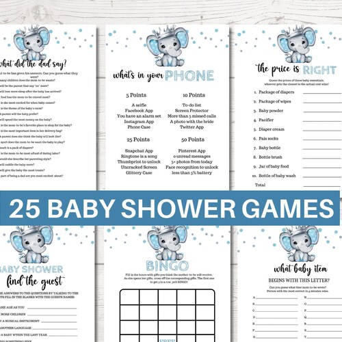 Blue Elephant Baby Shower Game Package 8 Printable Elephant - Etsy