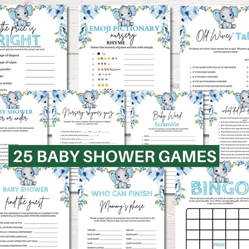 Boy Elephant Baby Shower Game Package Set 8 Printable Blue | Etsy