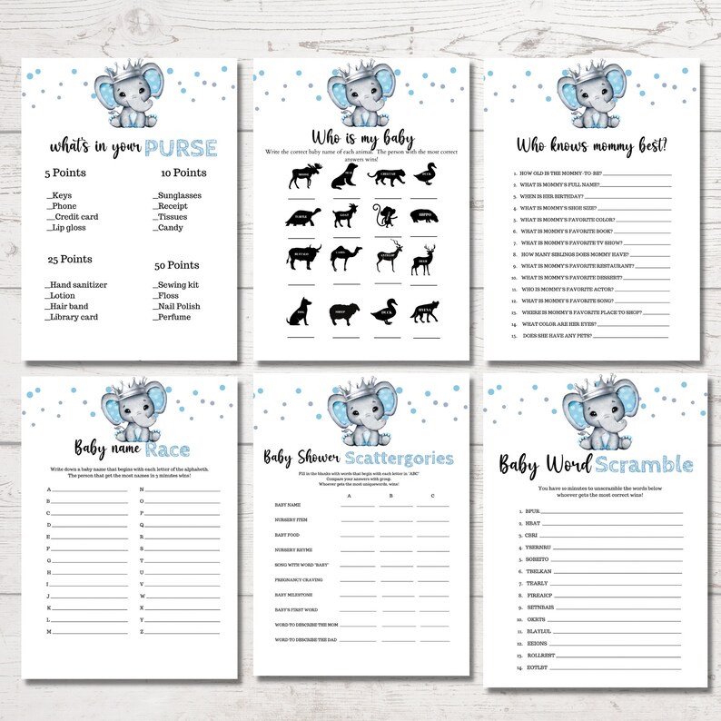 Elephant Baby Shower Games, Blue Elephant Baby Shower Game Bundle, 25 ...