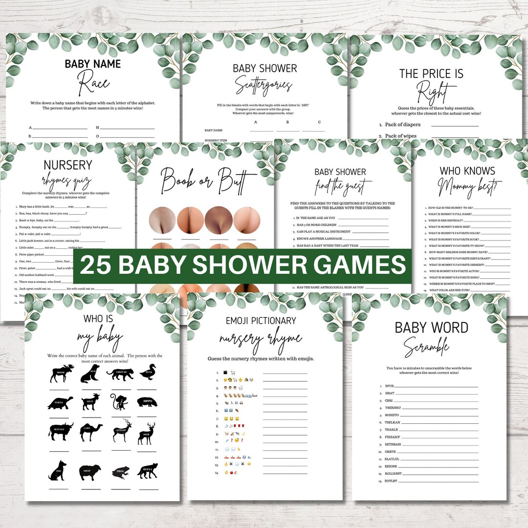 Gender Reveal Games, Eucalyptus Baby Shower Game, Greenery Baby Shower ...