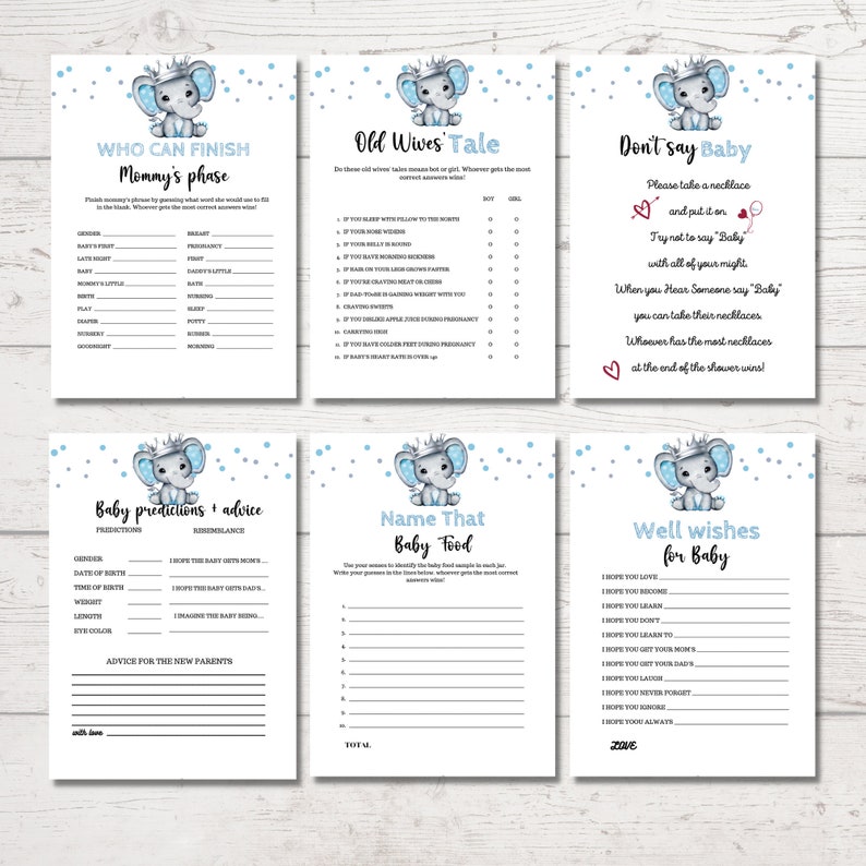 Elephant Baby Shower Games, Blue Elephant Baby Shower Game Bundle, 25 ...