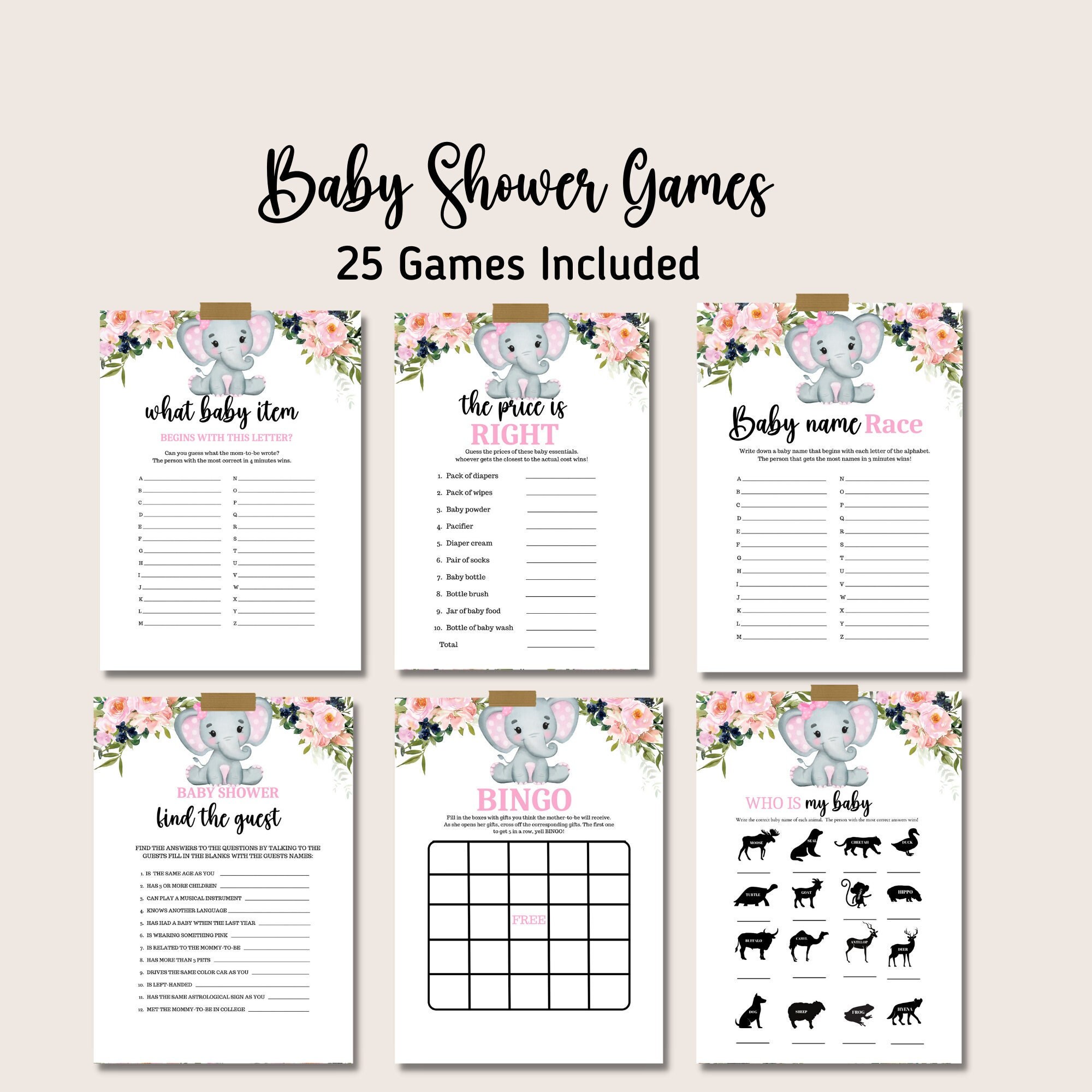 Elephant Baby Shower Games Pink Elephant Girl Baby Shower - Etsy