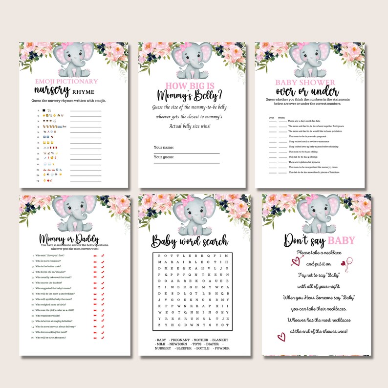 Elephant Baby Shower Games Pink Elephant Girl Baby Shower - Etsy