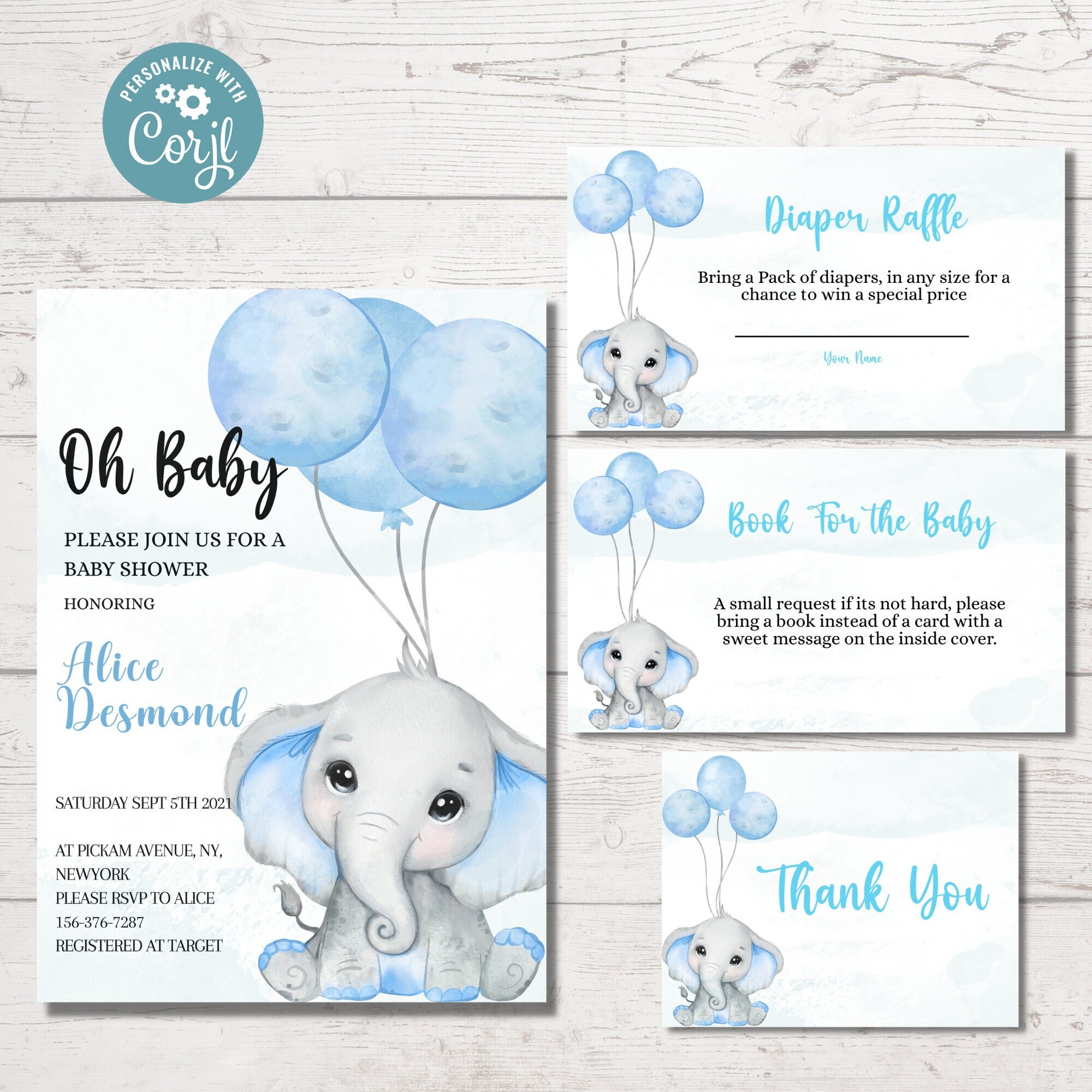 Elephant Baby Shower Invitation, Balloon Baby Shower Invitation, Elephant Baby Shower Bundle, Oh ...