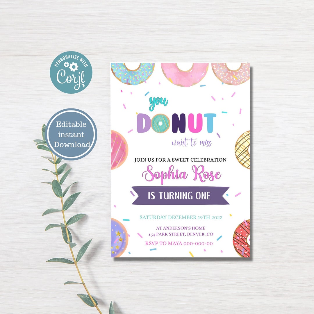 Editable Donut Birthday Invitation, Donut Invitation, Doughnut Party ...