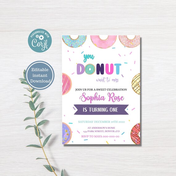 Editable Donut Birthday Invitation, Donut Invitation, Doughnut Party ...