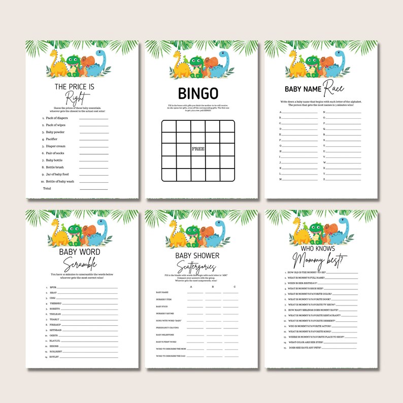 Dinosaur Baby Shower Games, Dino Baby Shower Games Bundle, Wild Animals ...