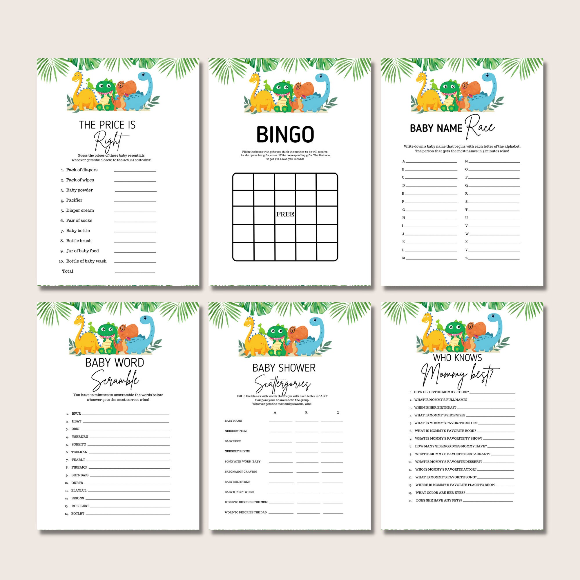 Dinosaur Baby Shower Games, Dino Baby Shower Games Bundle, Wild Animals ...