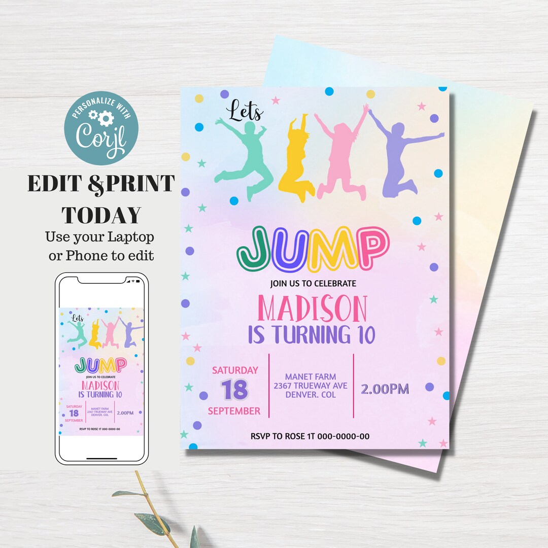 Jump Birthday Invitation, JUMP Invitation, Jump Party Invitation ...