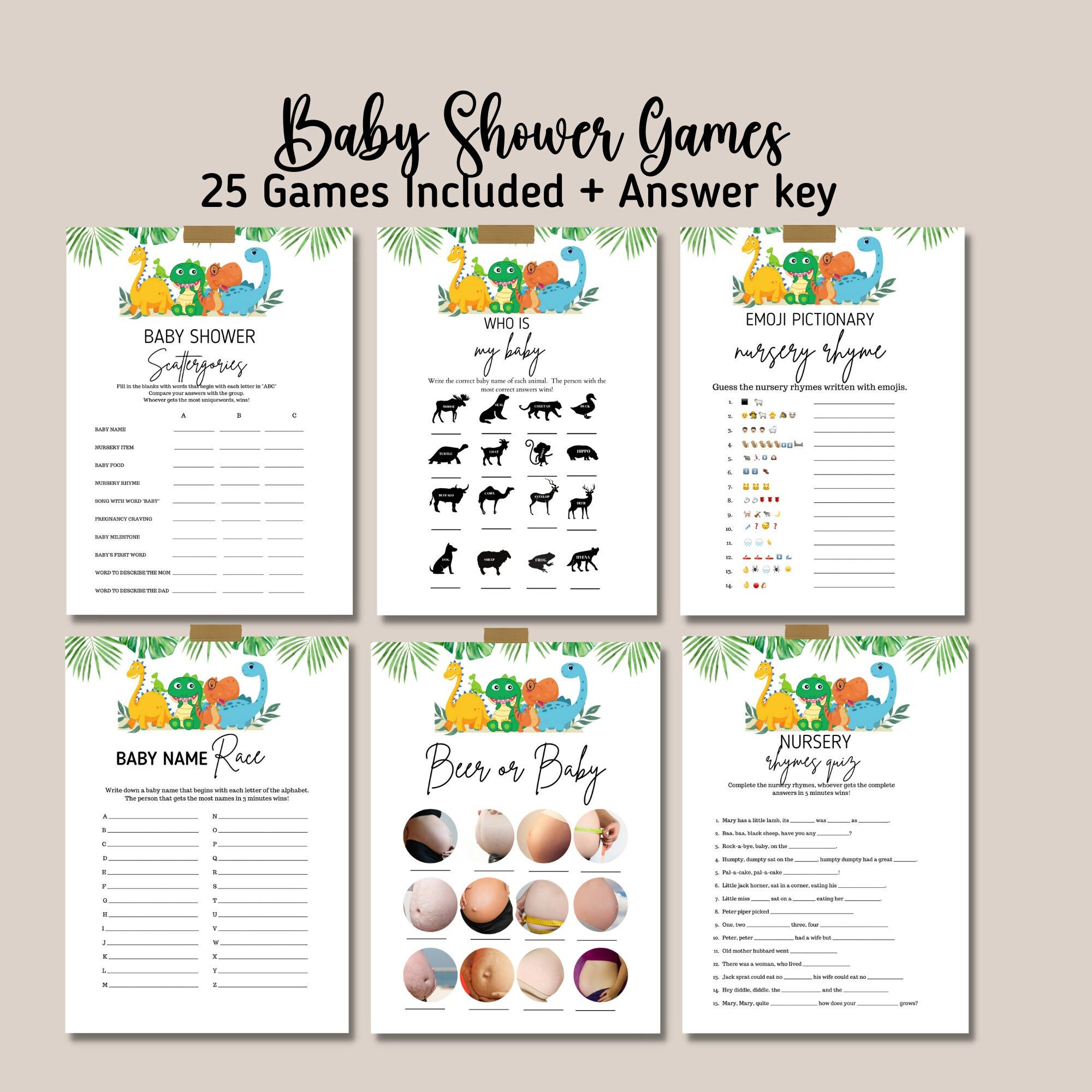 Dinosaur Baby Shower Games, Dino Baby Shower Games Bundle, Wild Animals ...
