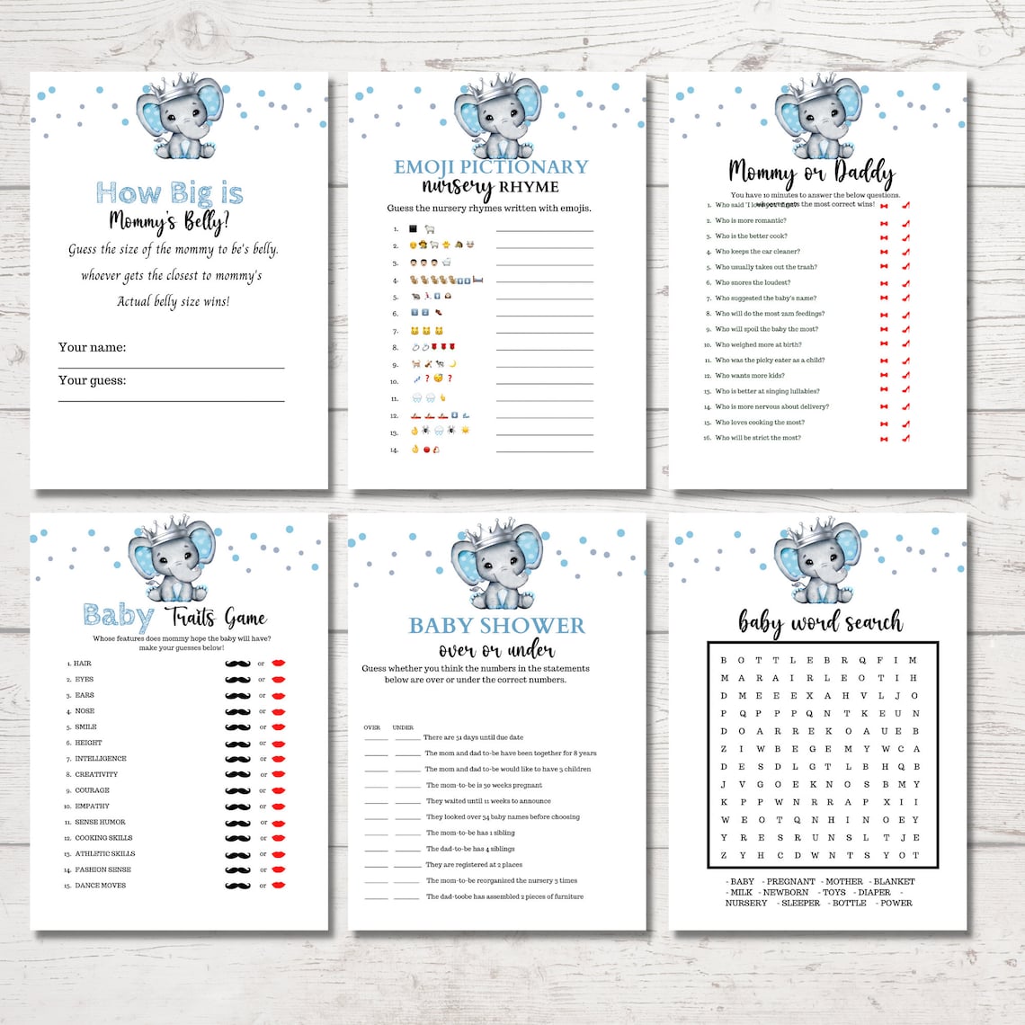 Elephant Baby Shower Games, Blue Elephant Baby Shower Game Bundle, 25 ...