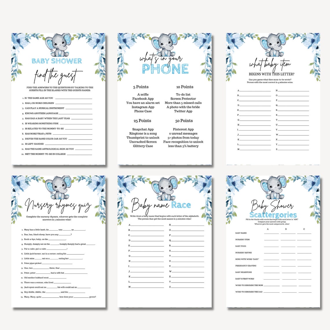 Elephant Baby Shower Games, Blue Elephant Baby Shower Game Bundle, 25 ...