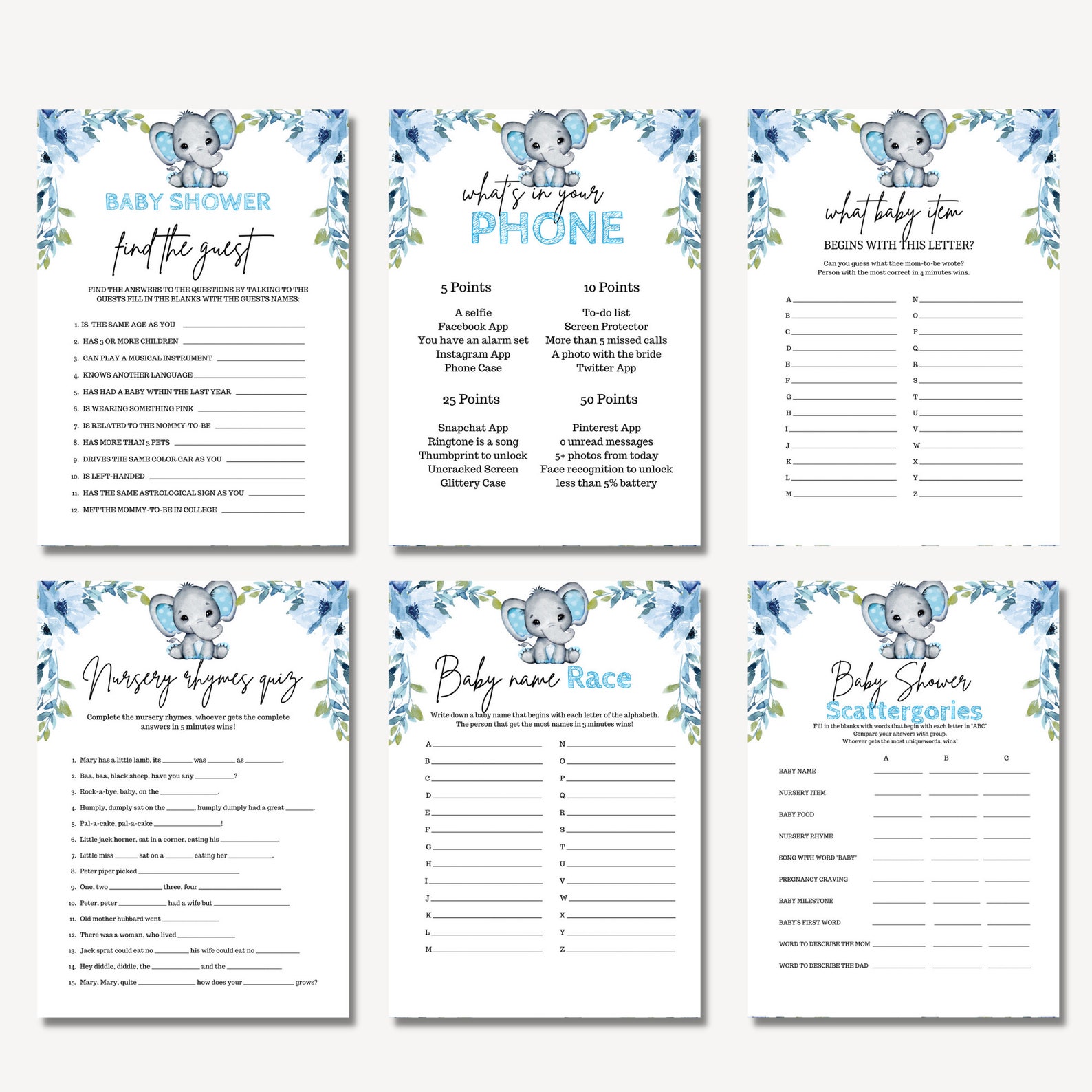 Elephant Baby Shower Games, Blue Elephant Baby Shower Game Bundle, 25 ...