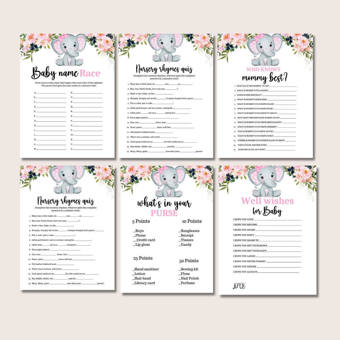 Elephant Baby Shower Games Pink Elephant Girl Baby Shower - Etsy