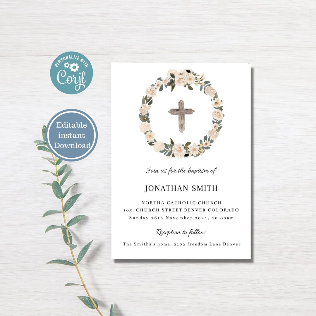 EDITABLE Christening Invitation Template, Greenery Baptism Invitation ...
