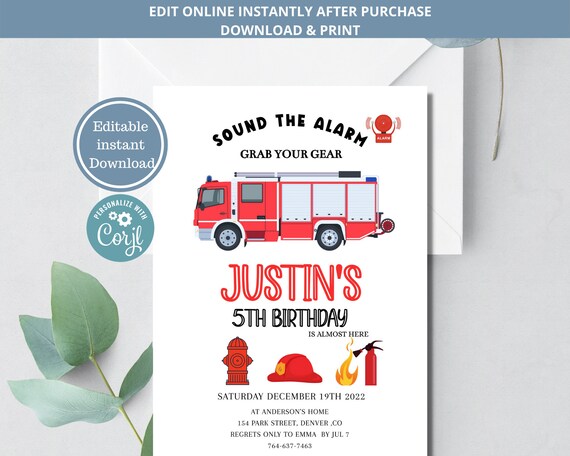 Fireman Birthday Invitation, Firetruck Birthday Invitation Party ...