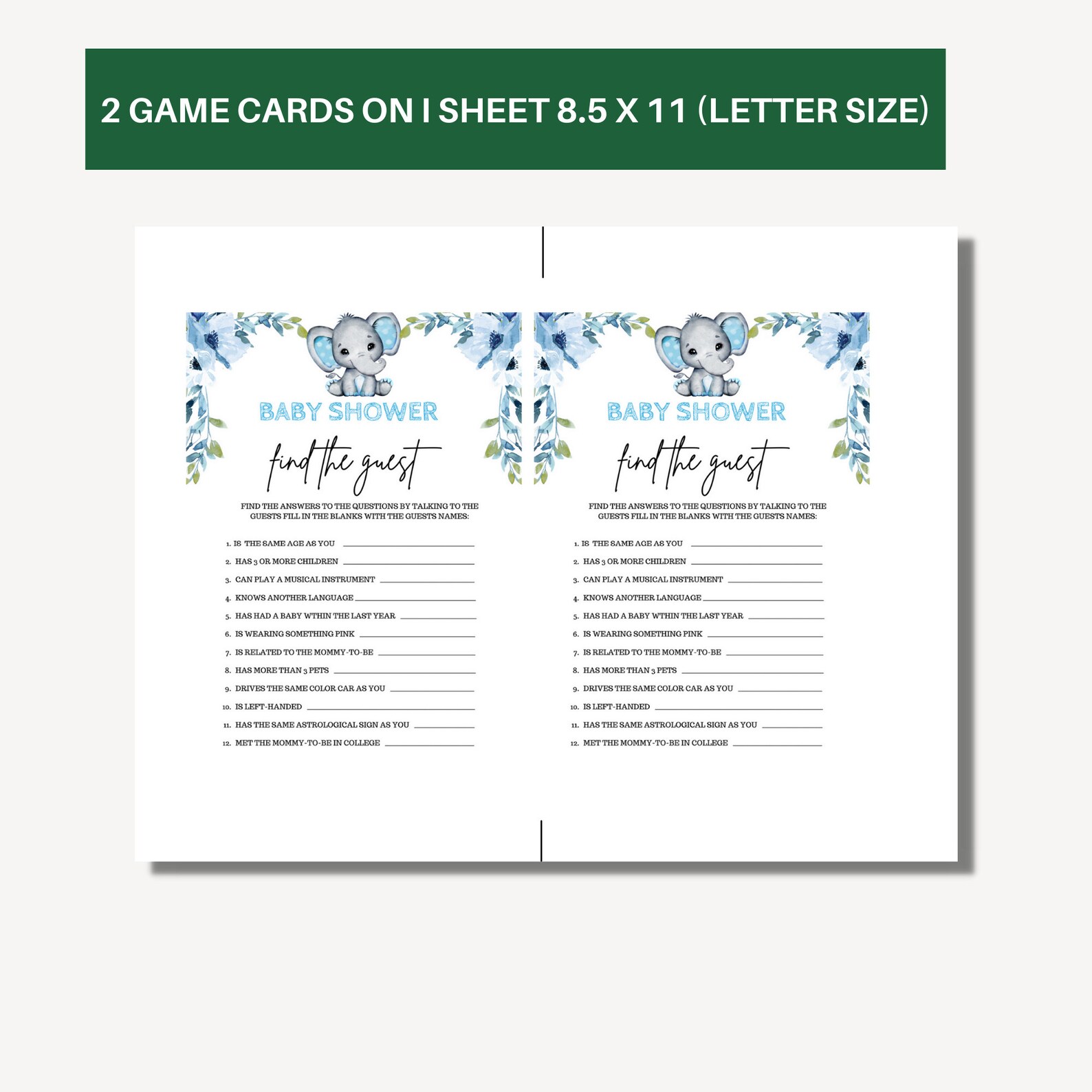 Elephant Baby Shower Games, Blue Elephant Baby Shower Game Bundle, 25 ...