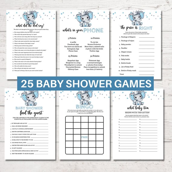 Elephant Baby Shower Games Blue Elephant Baby Shower Game | Etsy