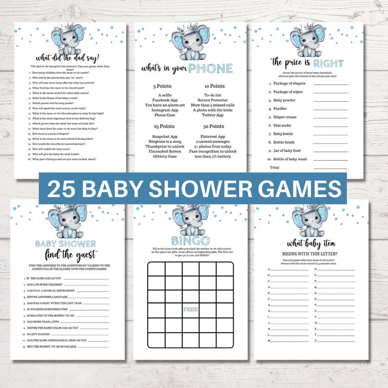 Elephant Baby Shower Games, Blue Elephant Baby Shower Game Bundle, 25 ...