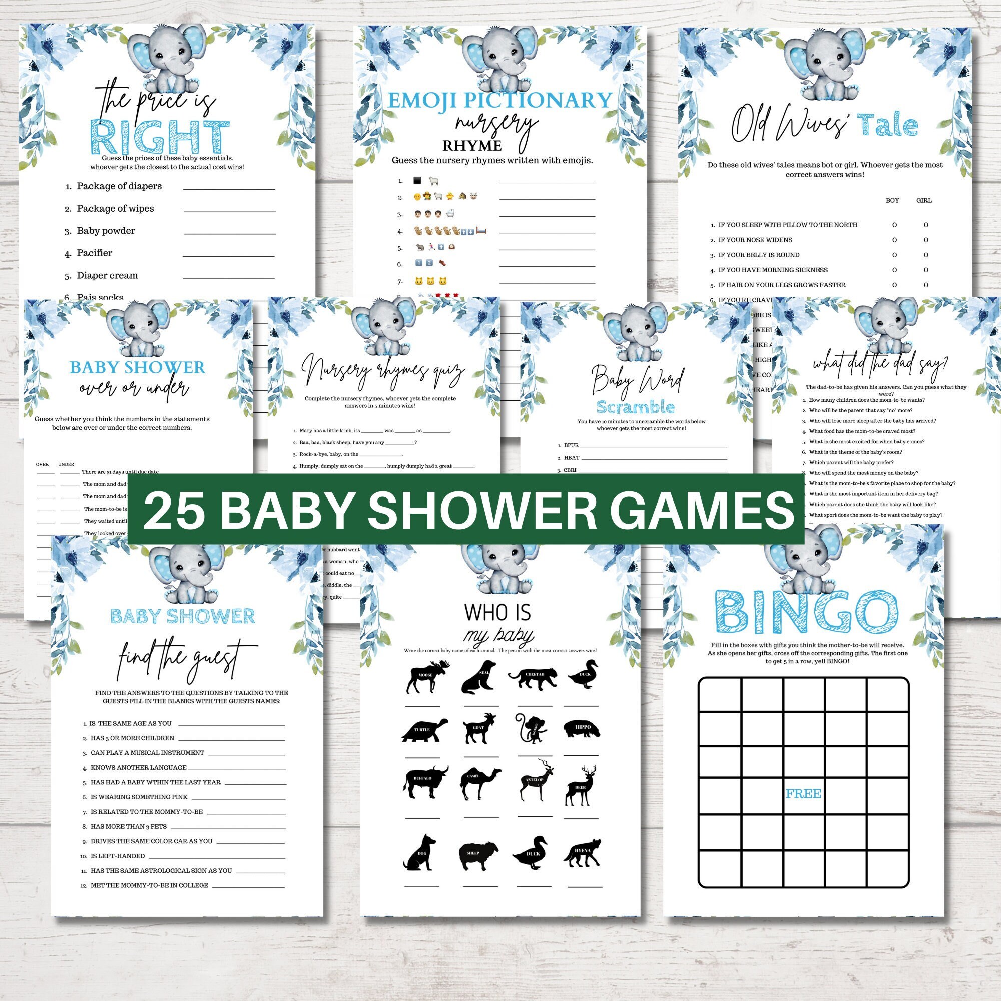 Elephant Baby Shower Games Blue Elephant Baby Shower Game | Etsy