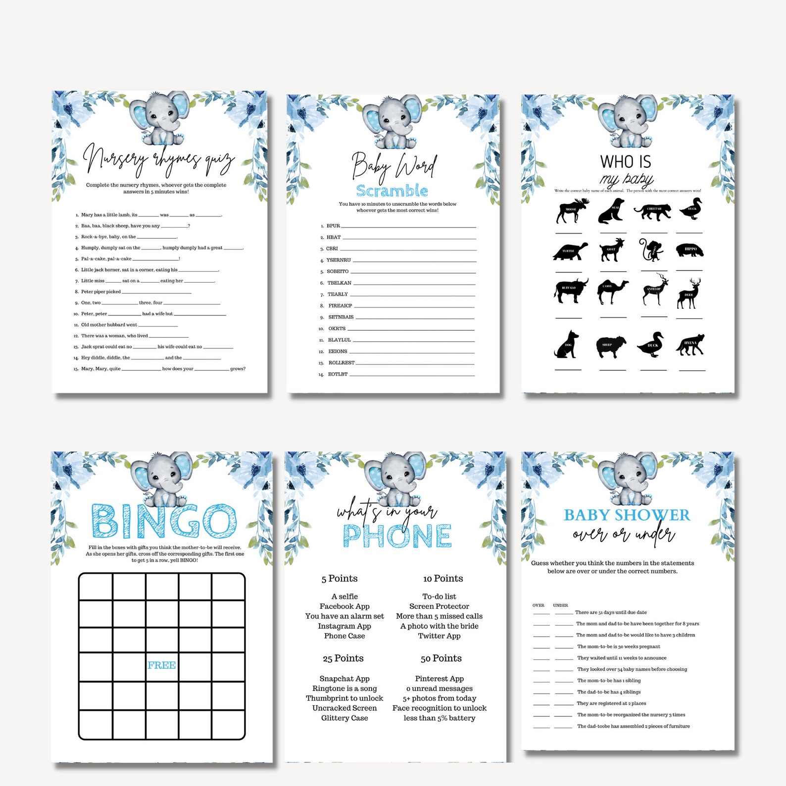 Elephant Baby Shower Games, Blue Elephant Baby Shower Game Bundle, 25 ...
