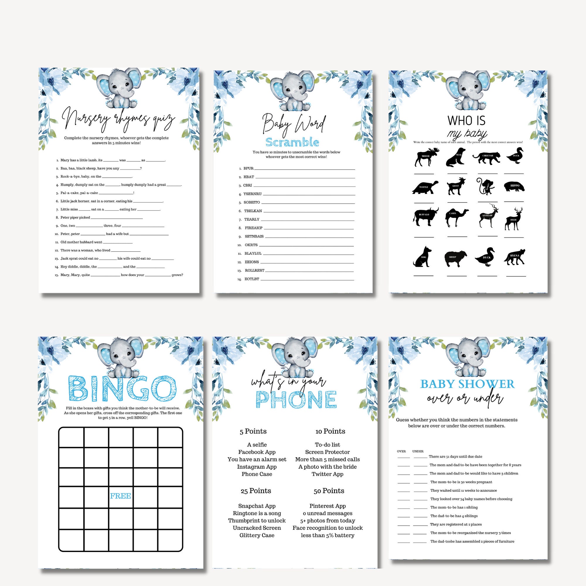 Elephant Baby Shower Games Blue Elephant Baby Shower Game | Etsy