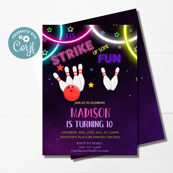 Editable Bowling Birthday invitation, let's strike up some fun, Girls ...