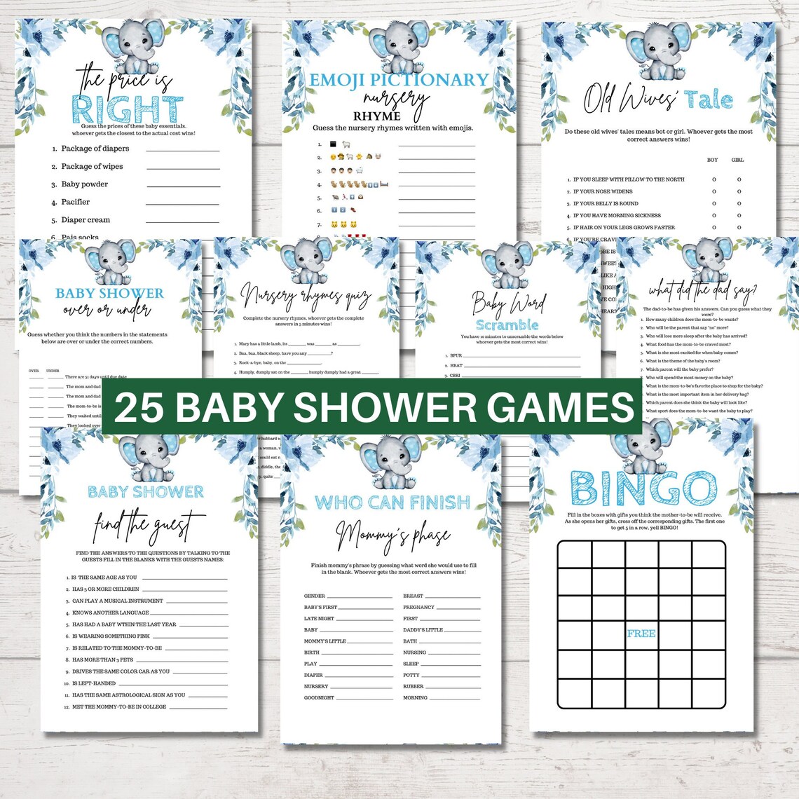 Elephant Baby Shower Games, Blue Elephant Baby Shower Game Bundle, 25 ...