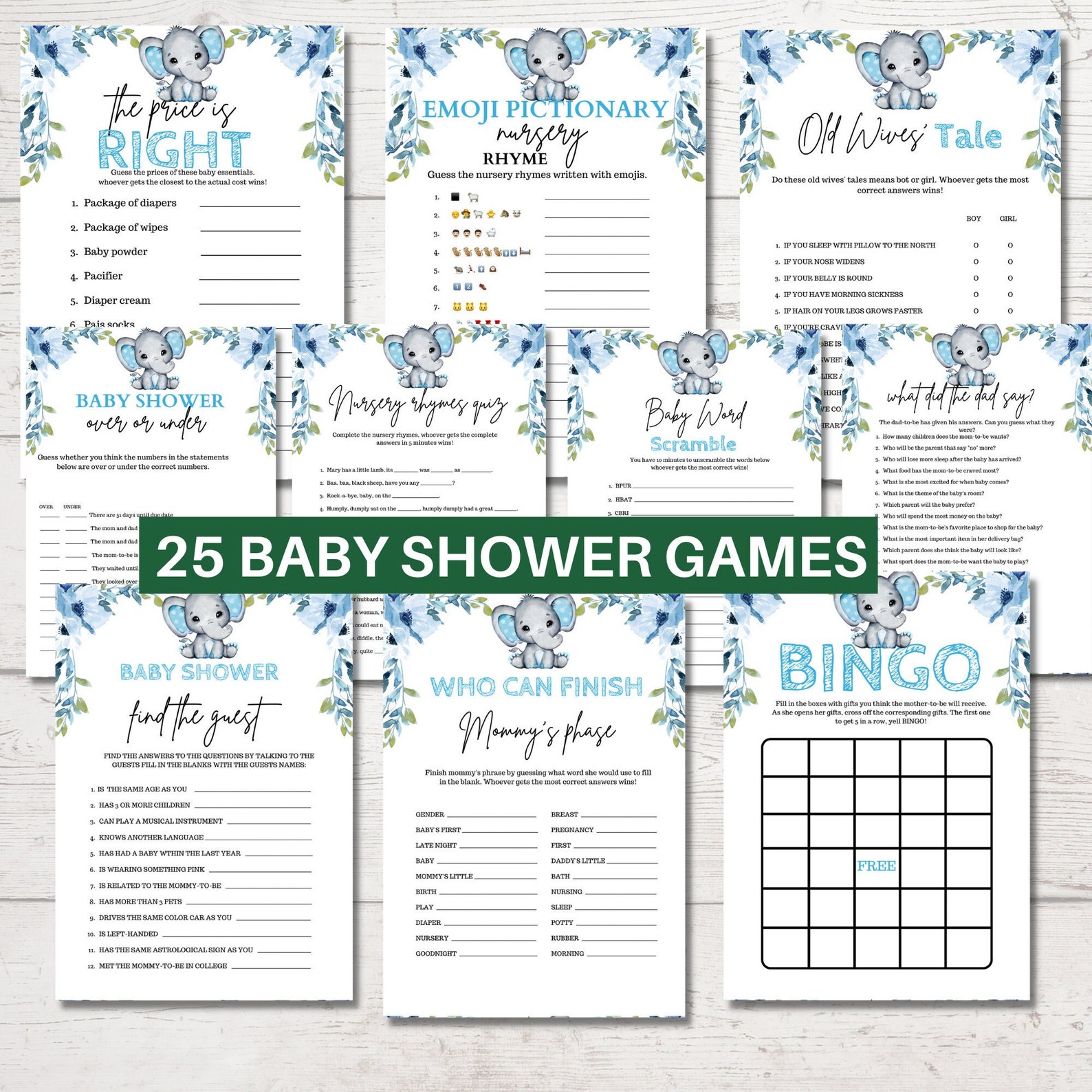 Elephant Baby Shower Games, Blue Elephant Baby Shower Game Bundle, 25 ...