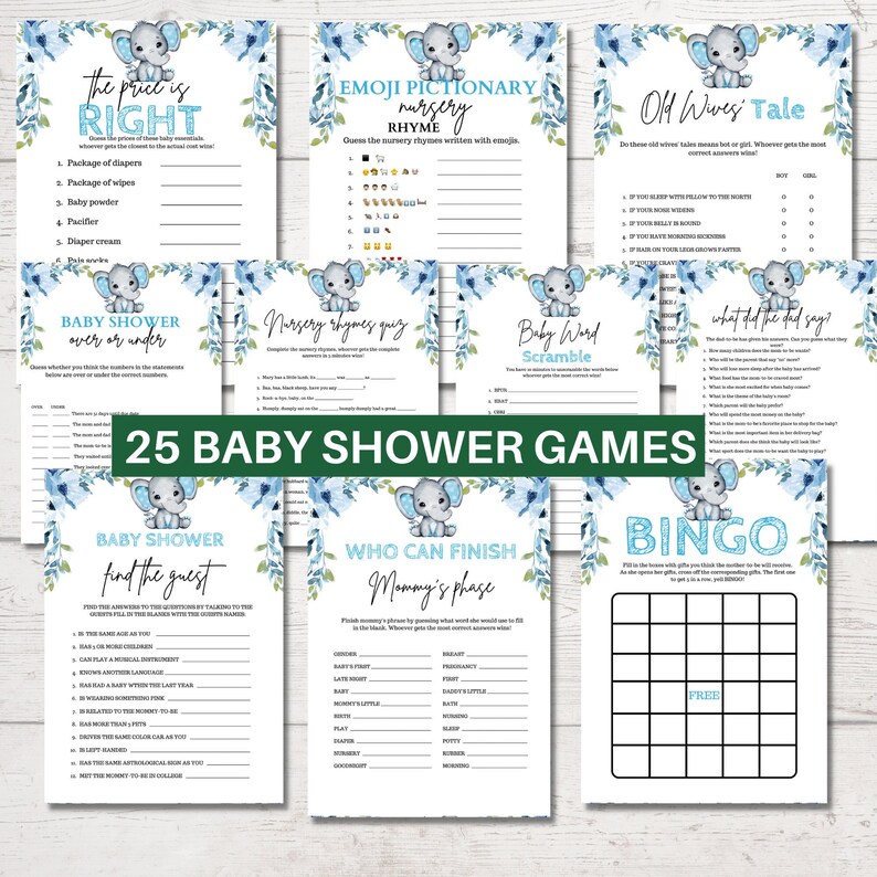 Elephant Baby Shower Games, Blue Elephant Baby Shower Game Bundle, 25 ...
