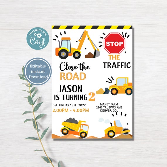 Construction Birthday Invitation - Editable ‘Close The Road’ Digital ...