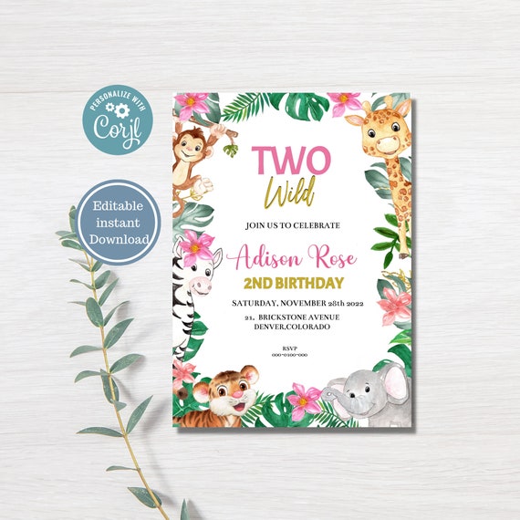 Two Wild Birthday Invitation, Jungle Safari Animals Invitation, Two ...