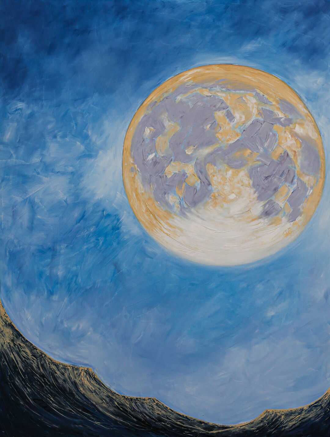 36"x48" Oil, "full Moon" Full Moon Over Mountain Range - Original Oil ...