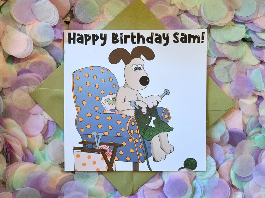 Hand Illustrated Personalised, Fun Gromit Knitting Birthday Card ...