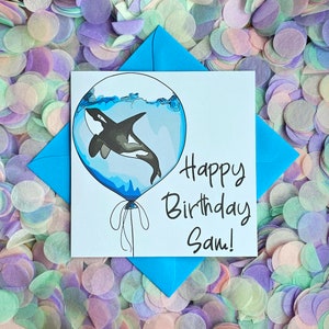 Colourful and Fun Hand Illustrated Personalised Balloon Orca Birthday ...